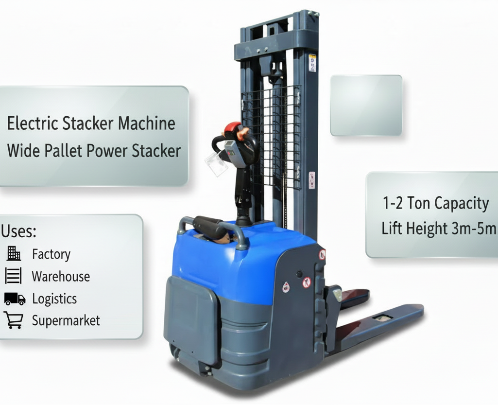 Electric Stacker Machine Wide Pallet Power Stacker 1-2 Ton Lift Height ...