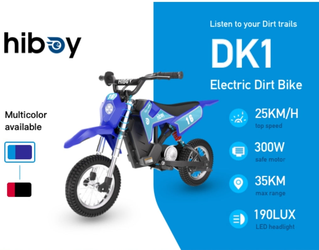 Hiboy DK1 Kids Electric Dirt Bike, 300W Off-Road Age 3-10 – E-Scooter ...